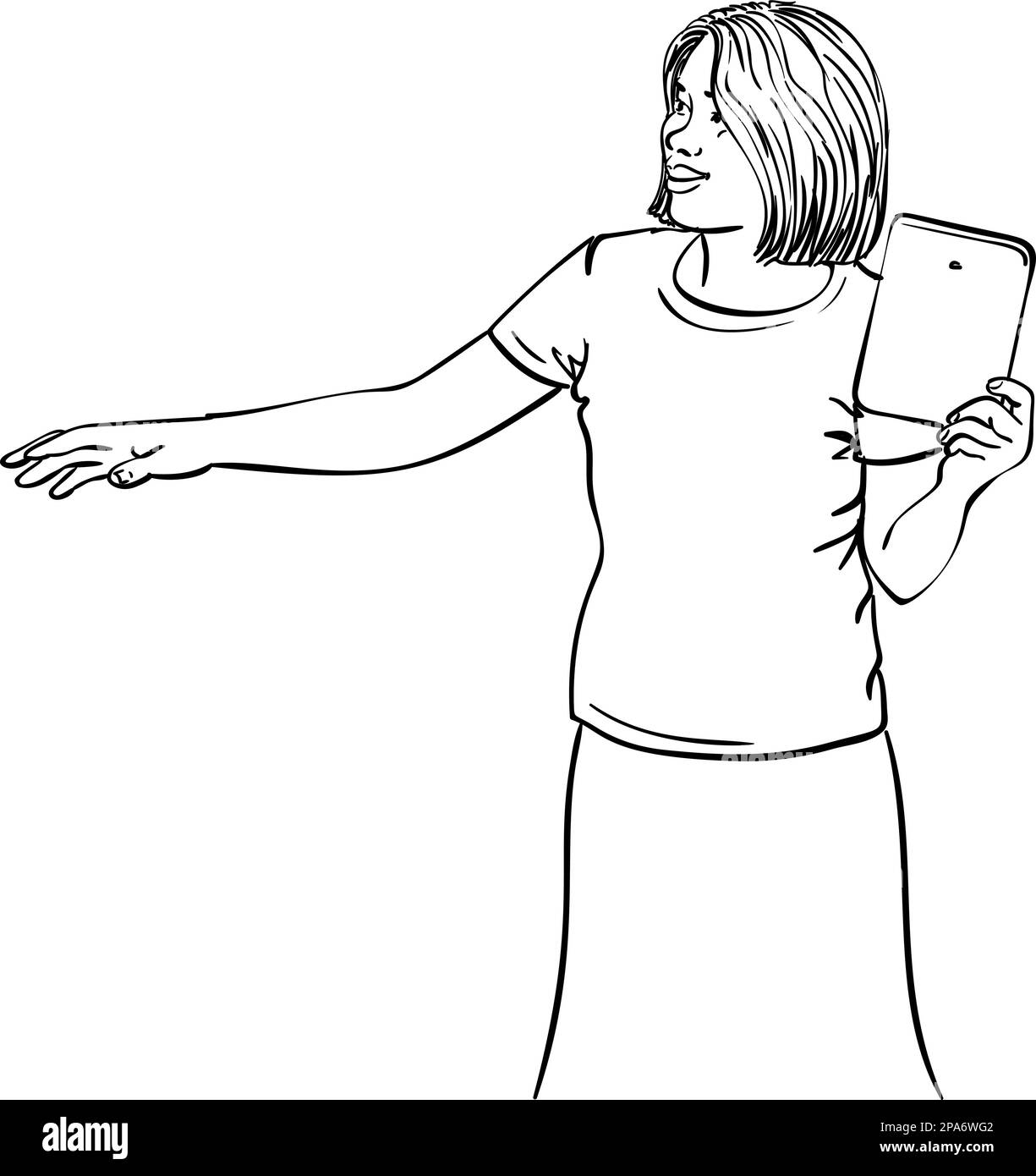 Vector Sketch Of Asian Woman Is Pointing With Hand And Holding Tablet