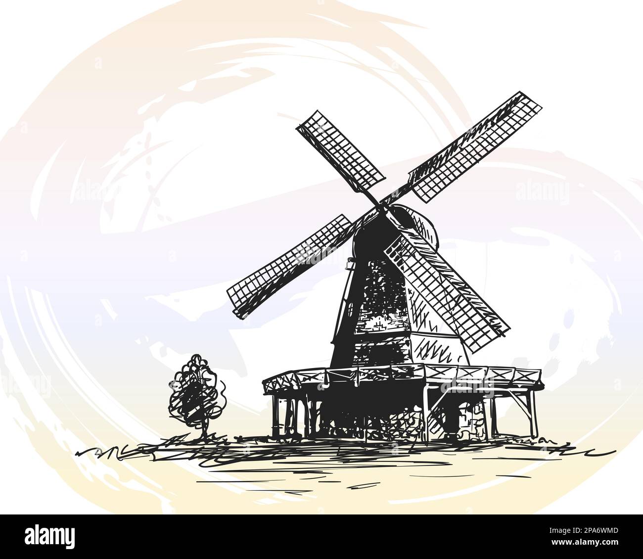 Sketch of old windmill and small tree, Hand drawn vector illustration ...