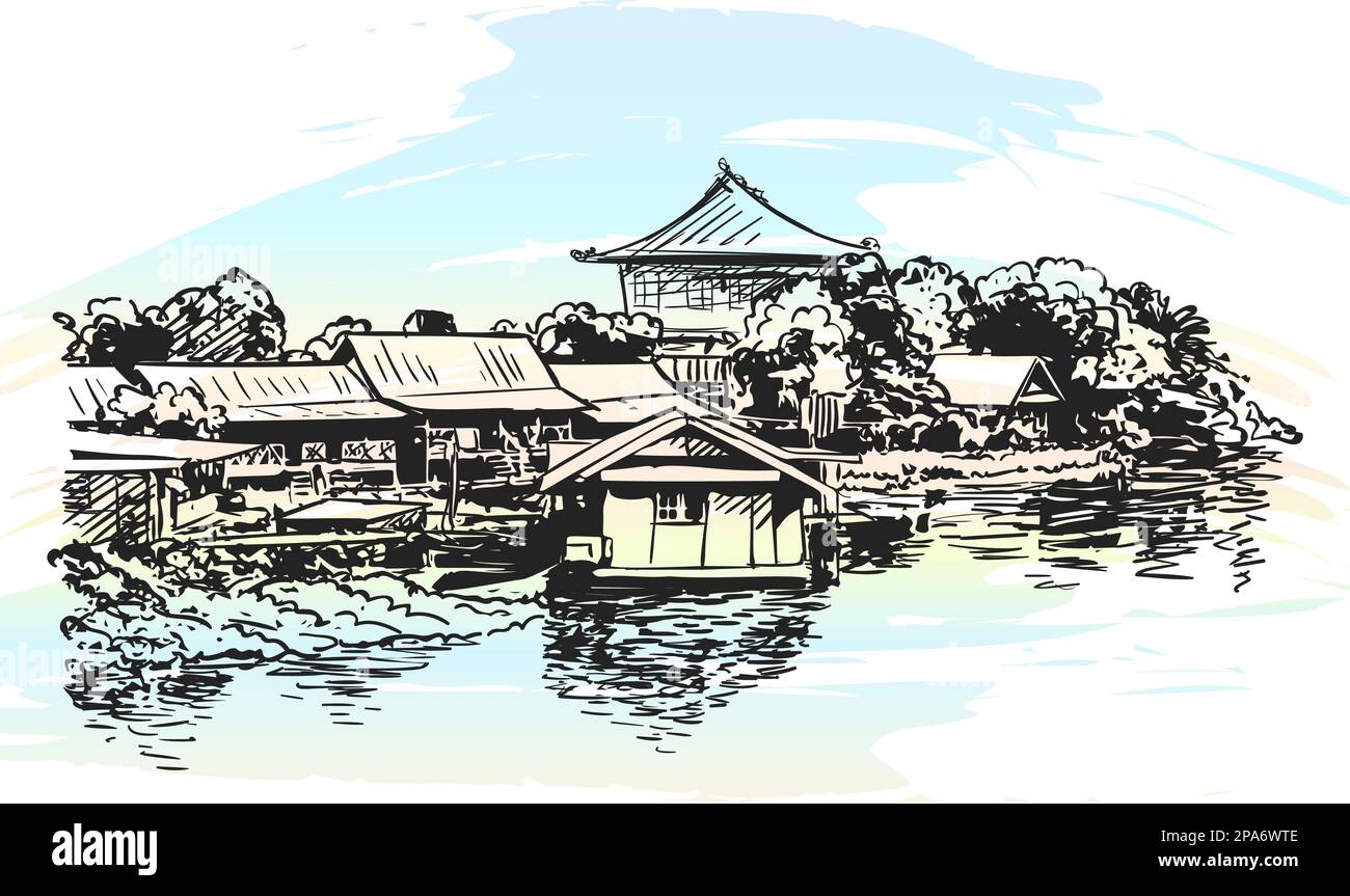 Sketch of village houses on water with Buddhist temple, Hand drawn ...