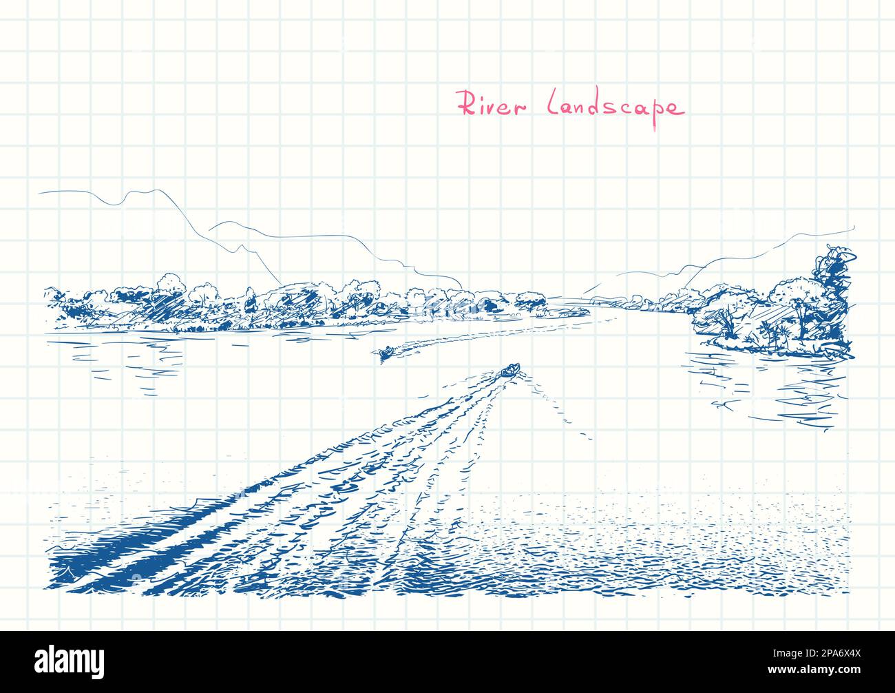 Banks of the river landscape, speed boats on the river, Blue pen sketch ...