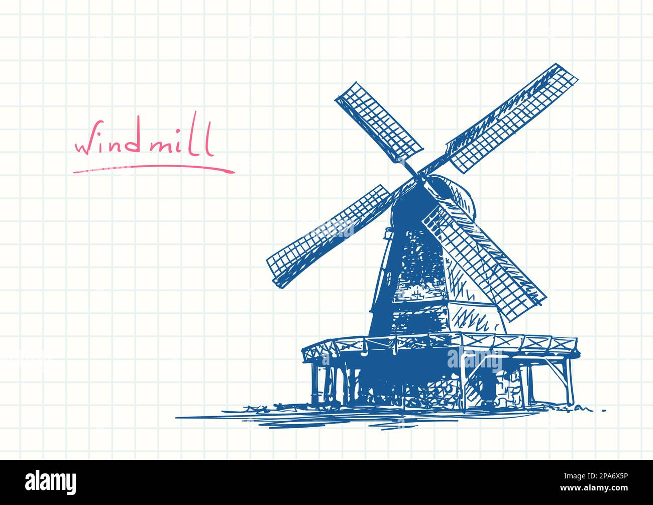 Old windmill, Blue pen sketch on square grid diary page, Hand drawn ...