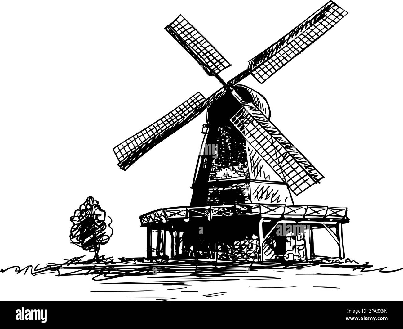 Sketch of old windmill and small tree, Hand drawn vector illustration ...