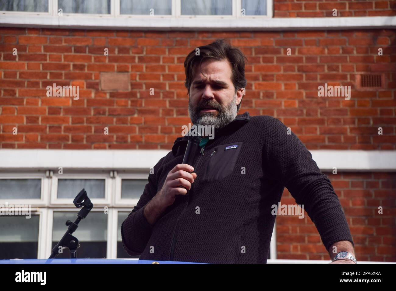 London, UK. 11th March 2023. Comedian and activist Rob Delaney gives a ...