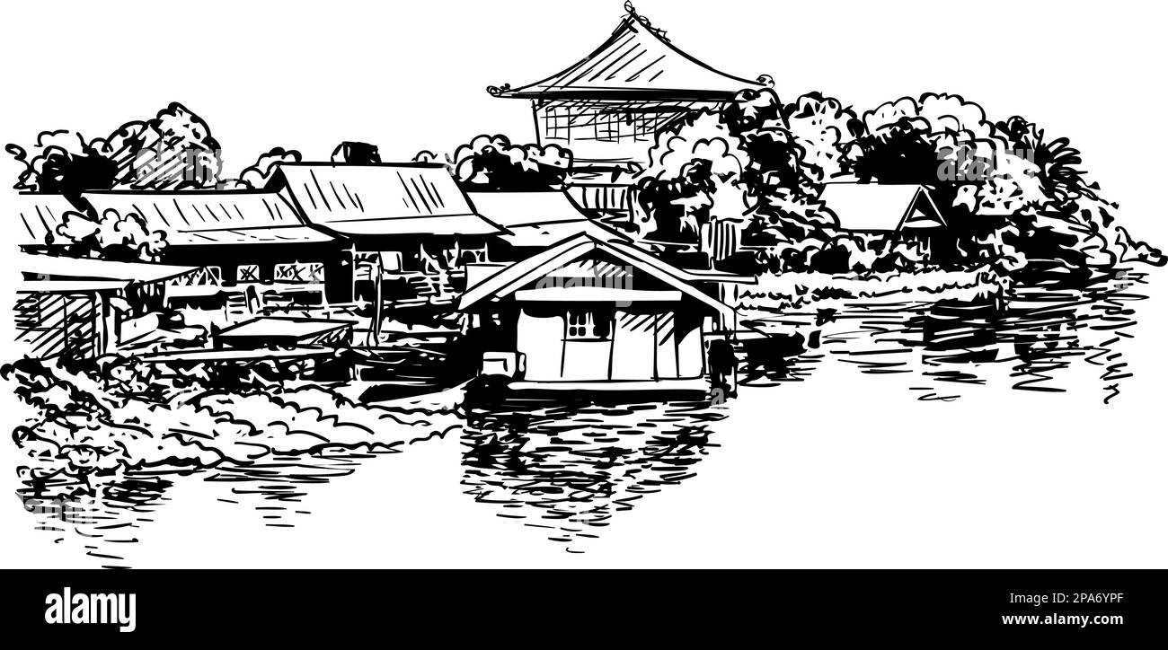 Sketch of village houses on water with Buddhist temple, Hand drawn ...