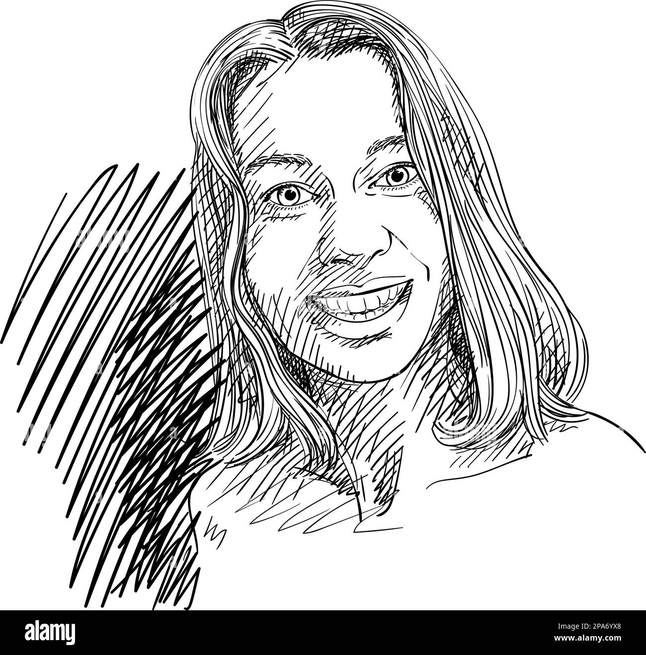 Sketch of beautiful happy woman portrait, Hand drawn vector illustration with cross hatched ...