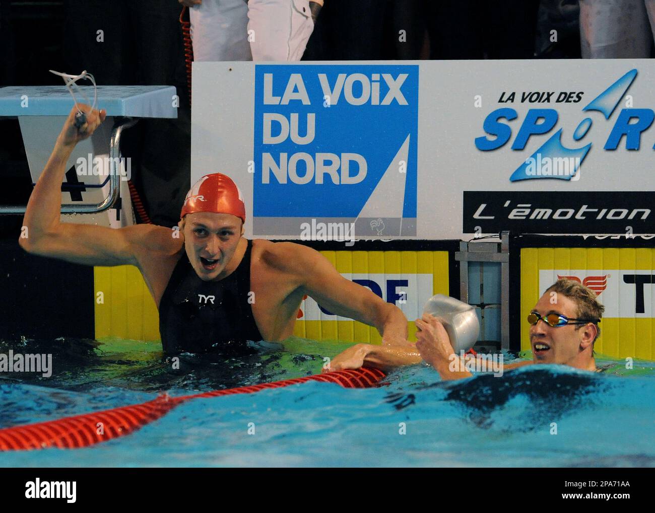 French swimmer Amaury Leveaux gestures after winning the 50 meter ...