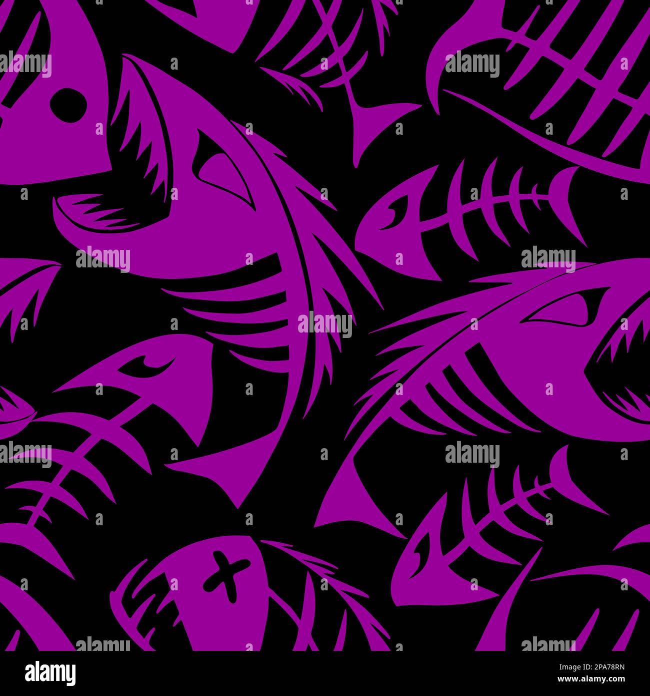 bright seamless pattern of purple graphic fish skeletons on a black ...
