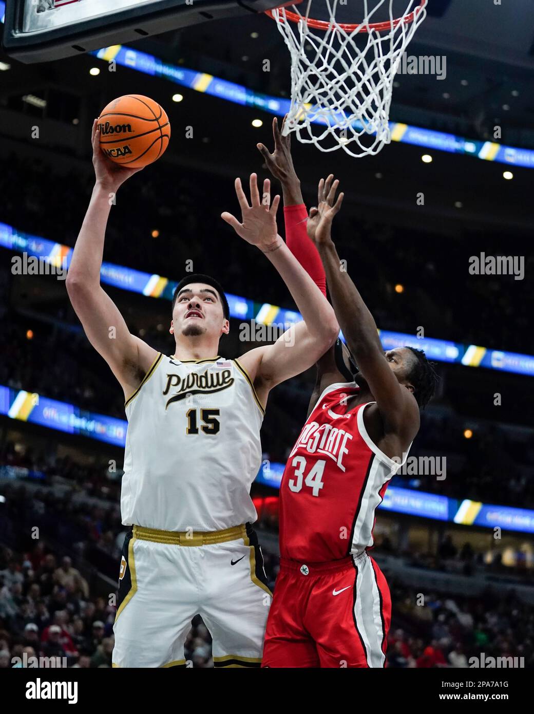 Purdue's Zach Edey (15) shoots against Ohio State's Felix Okpara (34 ...