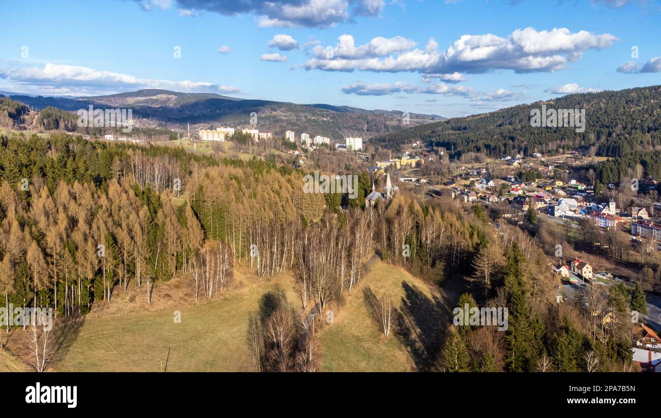 Landscape of Jizera Mountains around Tanvald on sunny spring day ...