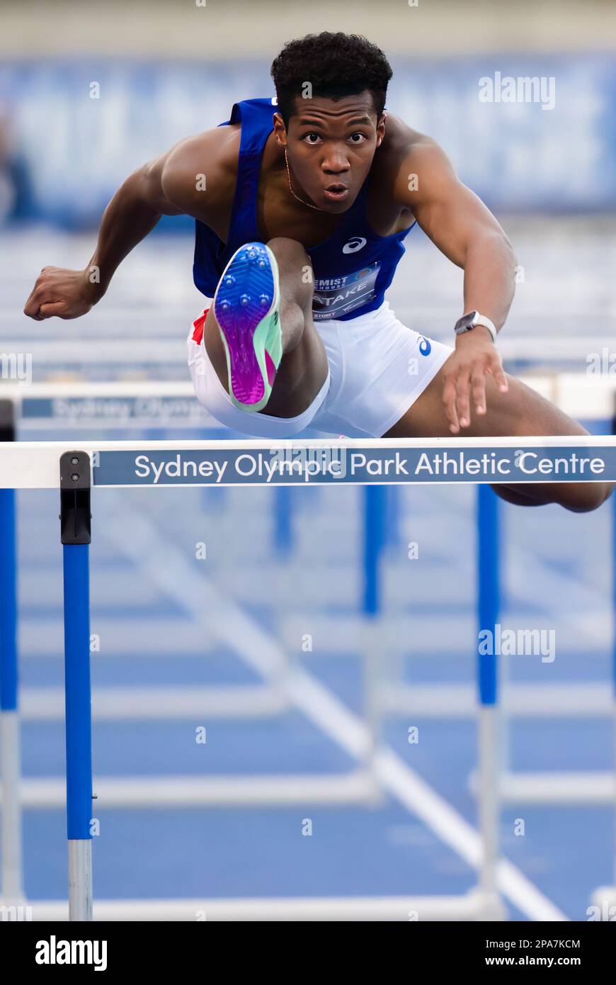 Rachid Muratake of Japan competes in the Men's 100m Hurdles Final ...