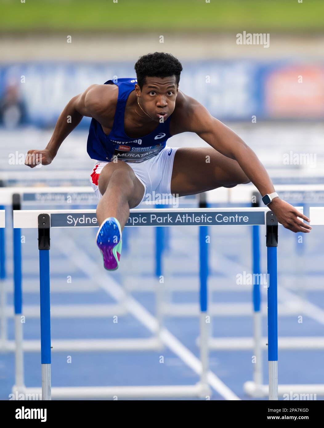 Rachid Muratake of Japan competes in the Men's 100m Hurdles Final ...
