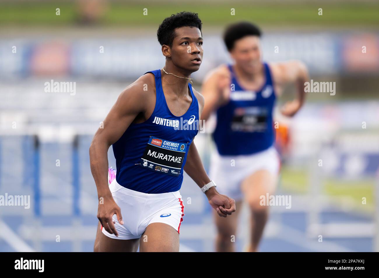 Rachid Muratake of Japan competes in the Men's 100m Hurdles Final ...