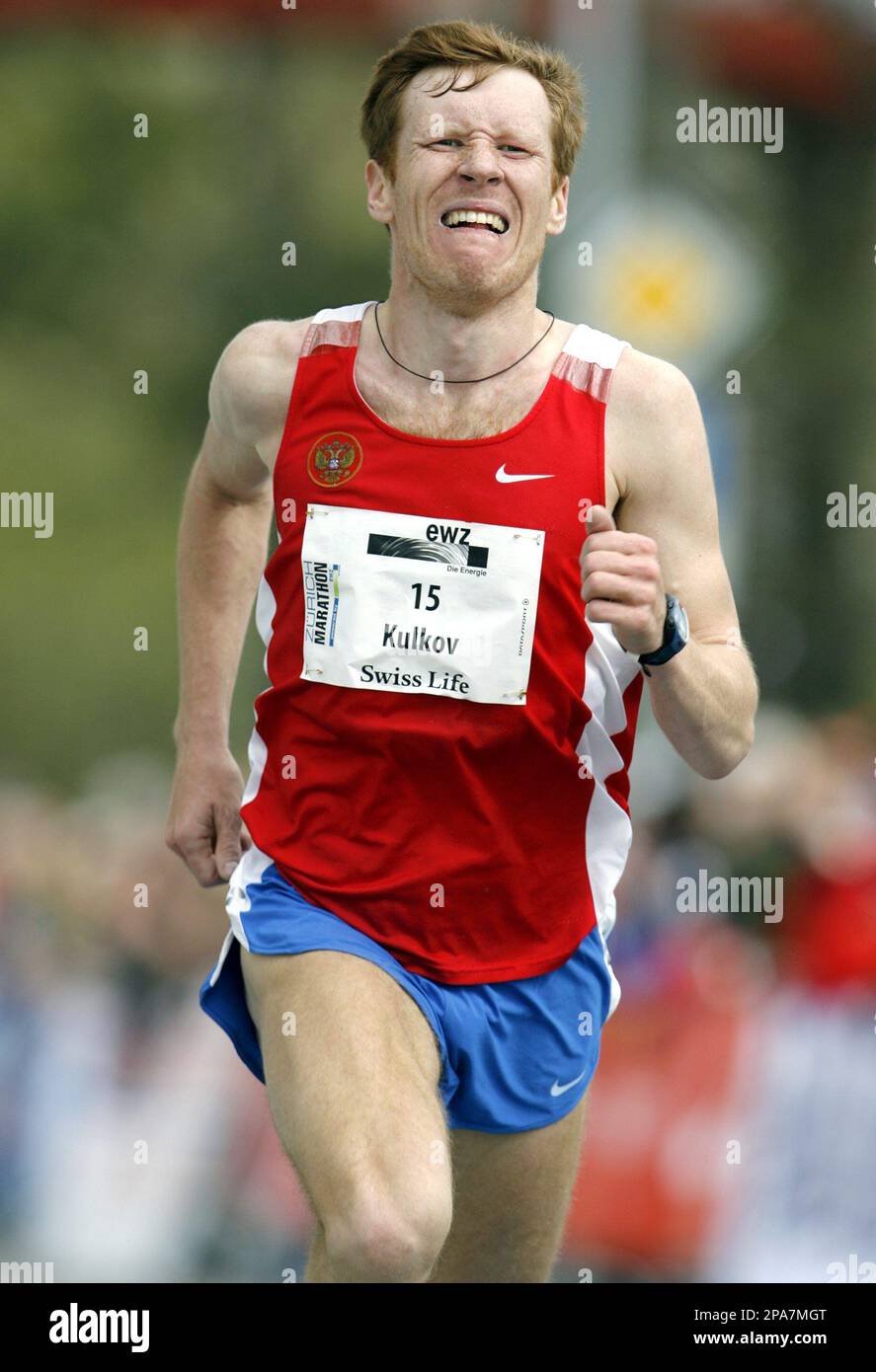 Russian Oleg Kulkov runs to win the Zurich Marathon, Sunday, April 20 ...