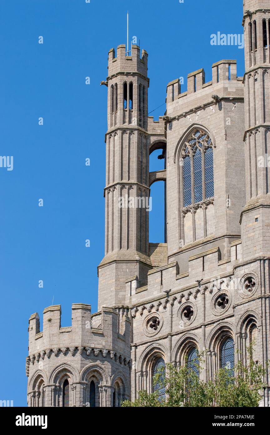Detail of round turrets on the west tower of Ely cathedral in the ...