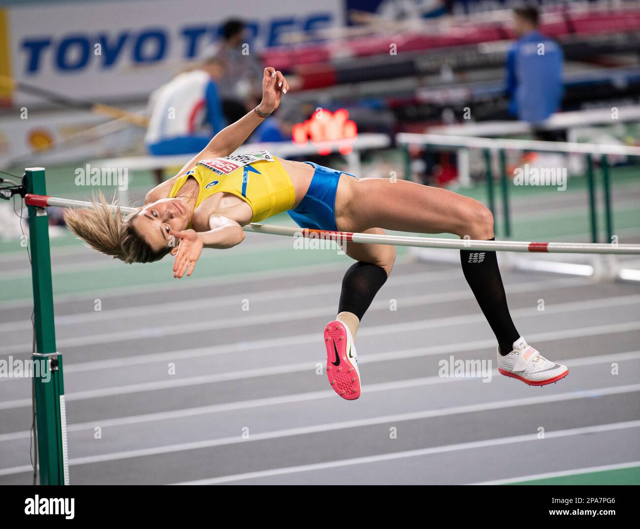 Kateryna Tabashnyk of Ukraine competing in the women’s high jump final ...