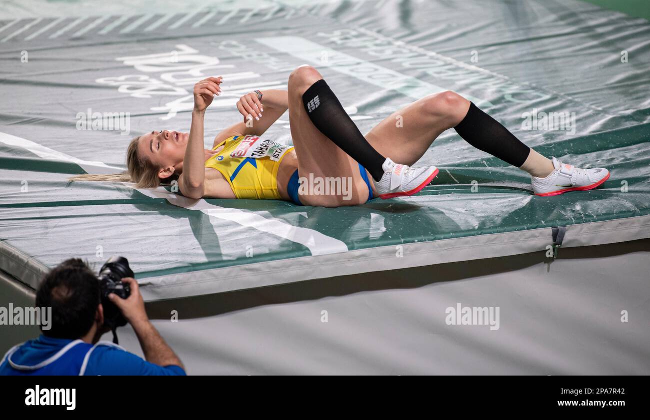 Kateryna Tabashnyk of Ukraine competing in the women’s high jump final at the European Indoor ...