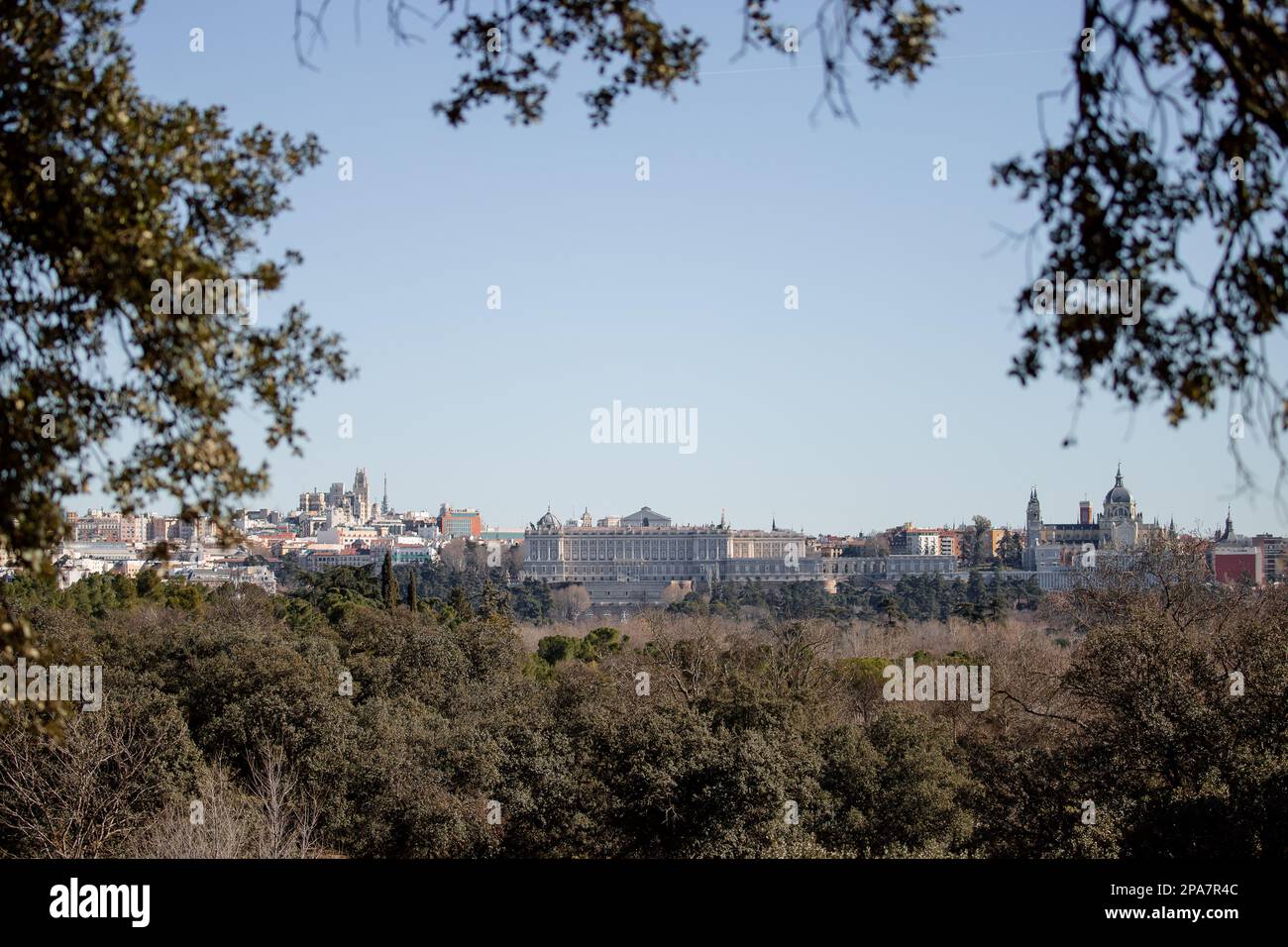 Panoramic view of the royal palace of Madrid and the almudena cathedral ...