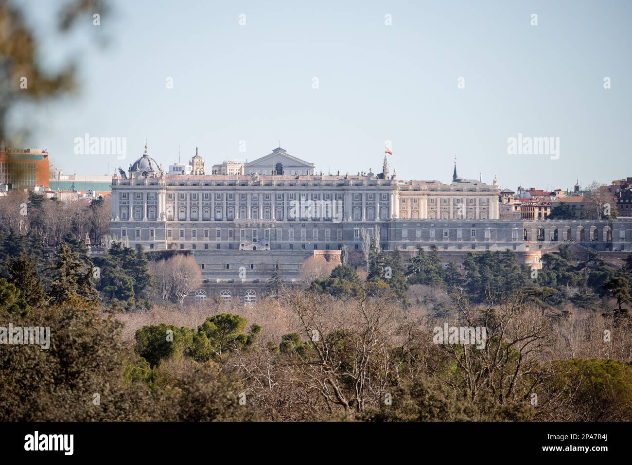 Panoramic view of the royal palace of Madrid and the almudena cathedral ...