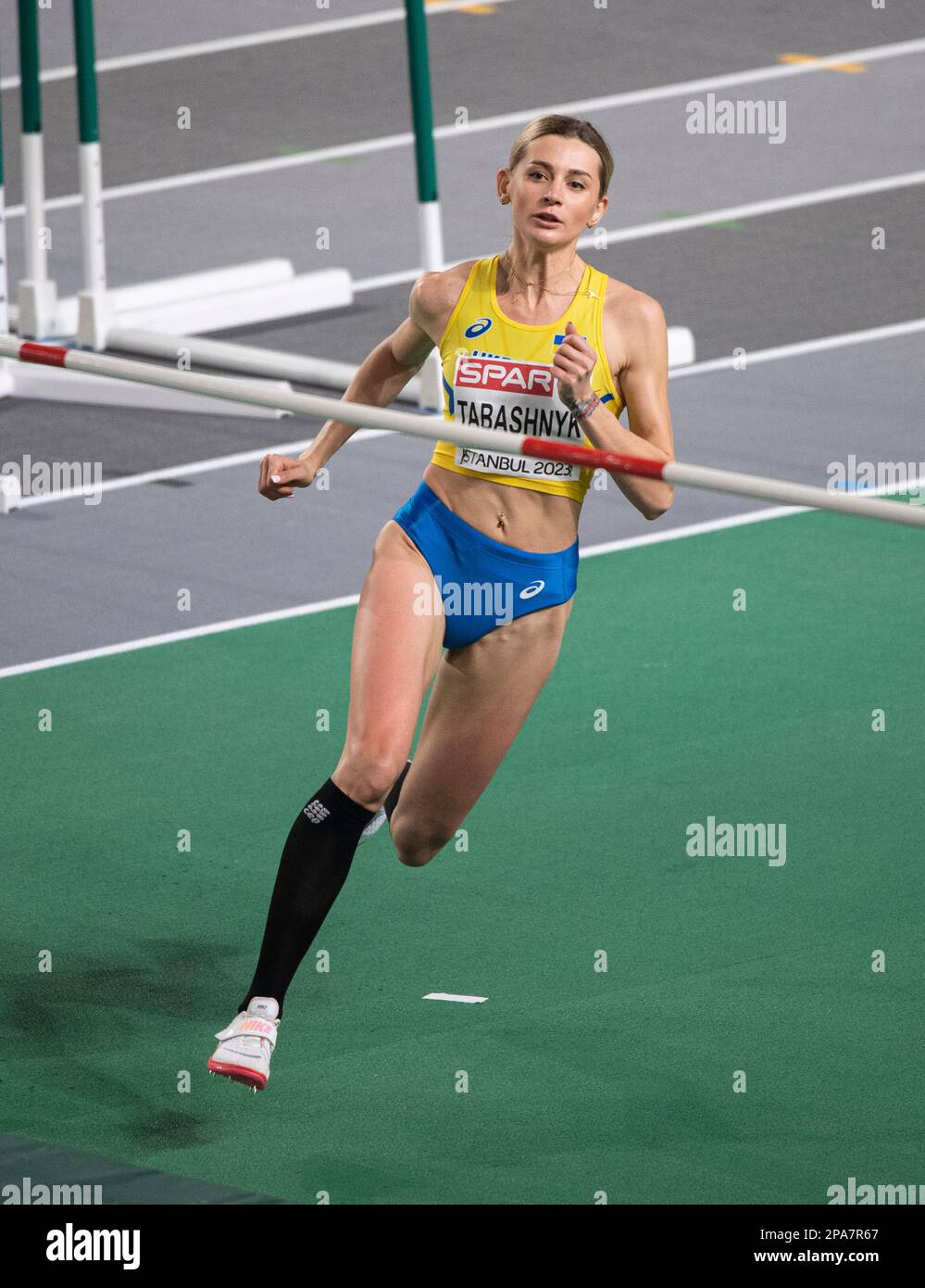 Kateryna Tabashnyk of Ukraine competing in the women’s high jump final ...
