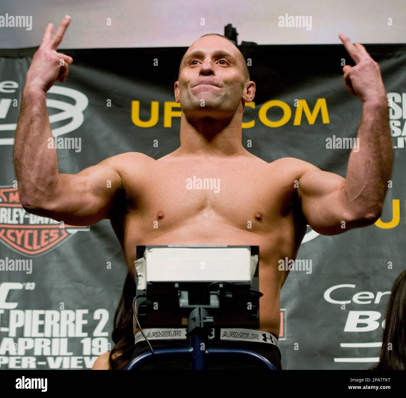 Ultimate fighter Matt Serra gestures at the weigh-in on Friday, April ...