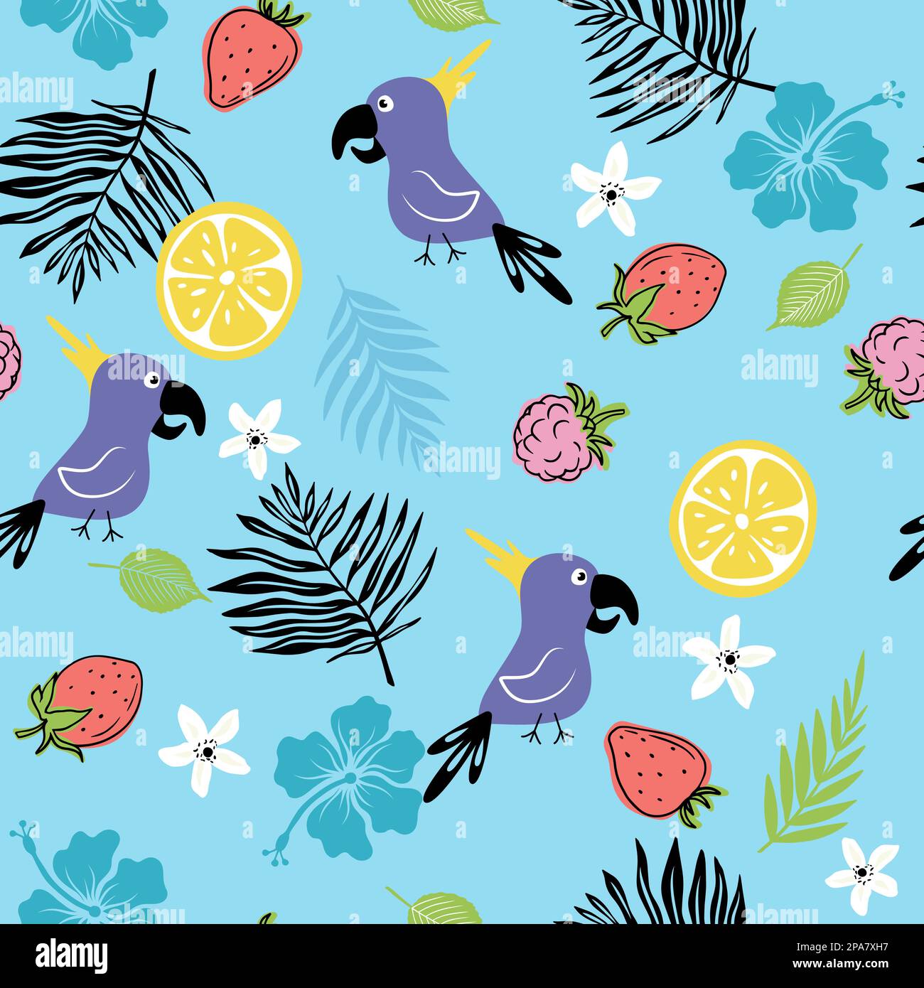 Summer seamless pattern with hand drawn doodle flowers, leaves, fruits ...