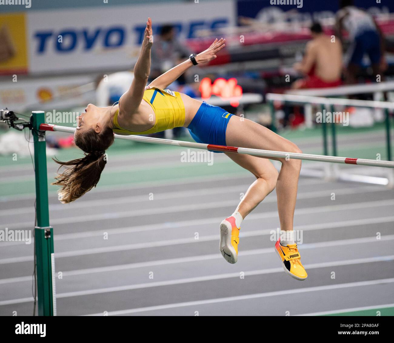 Yaroslava Mahuchikh of Ukraine competing in the women’s high jump final ...