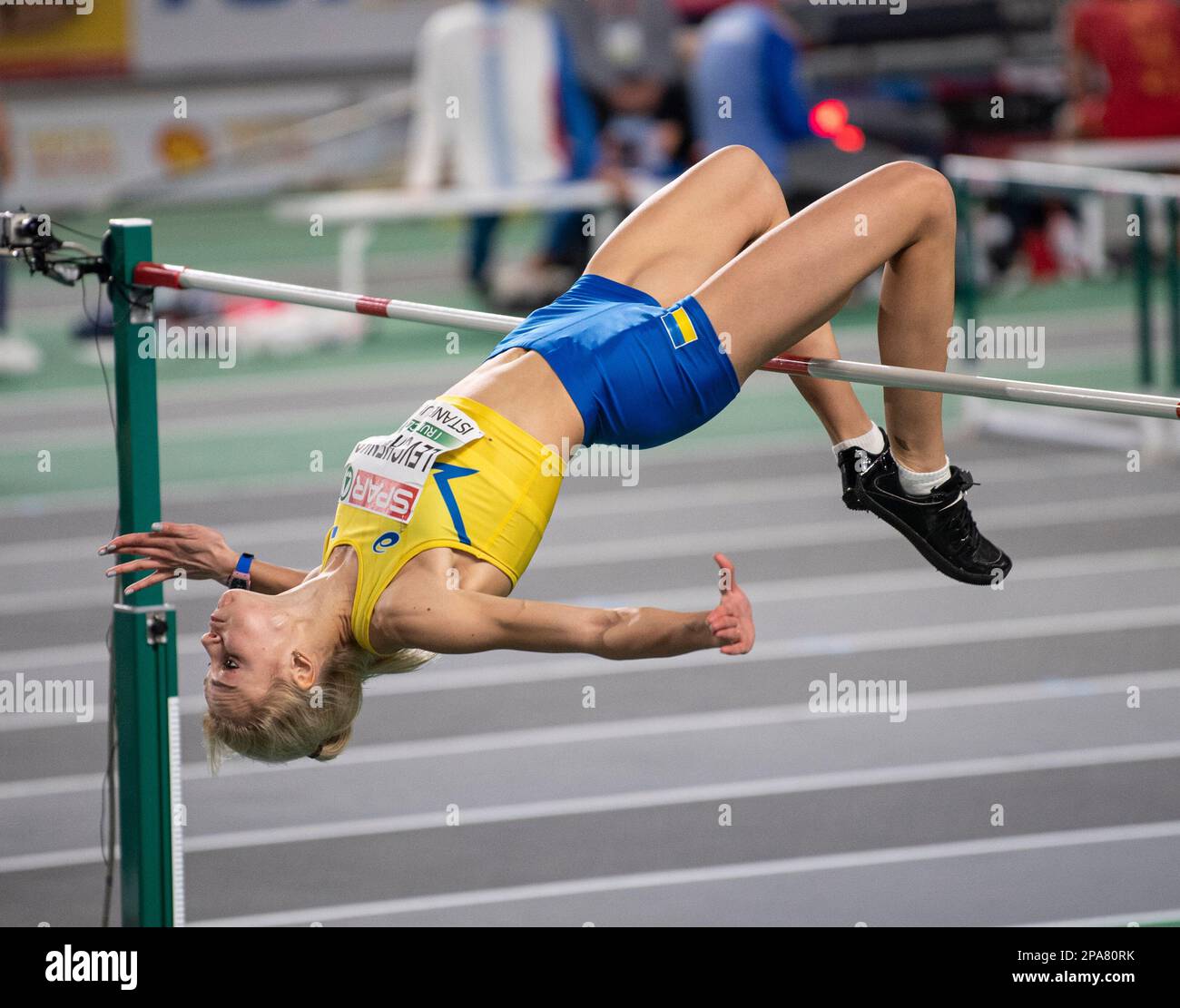 Yuliia Levchenko of Ukraine competing in the women’s high jump final at ...