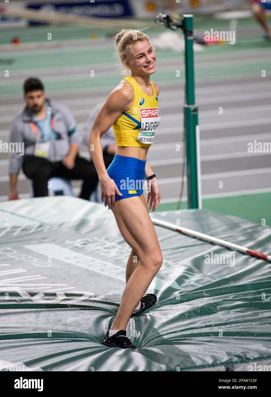 Yuliia Levchenko of Ukraine competing in the women’s high jump final at the European Indoor ...