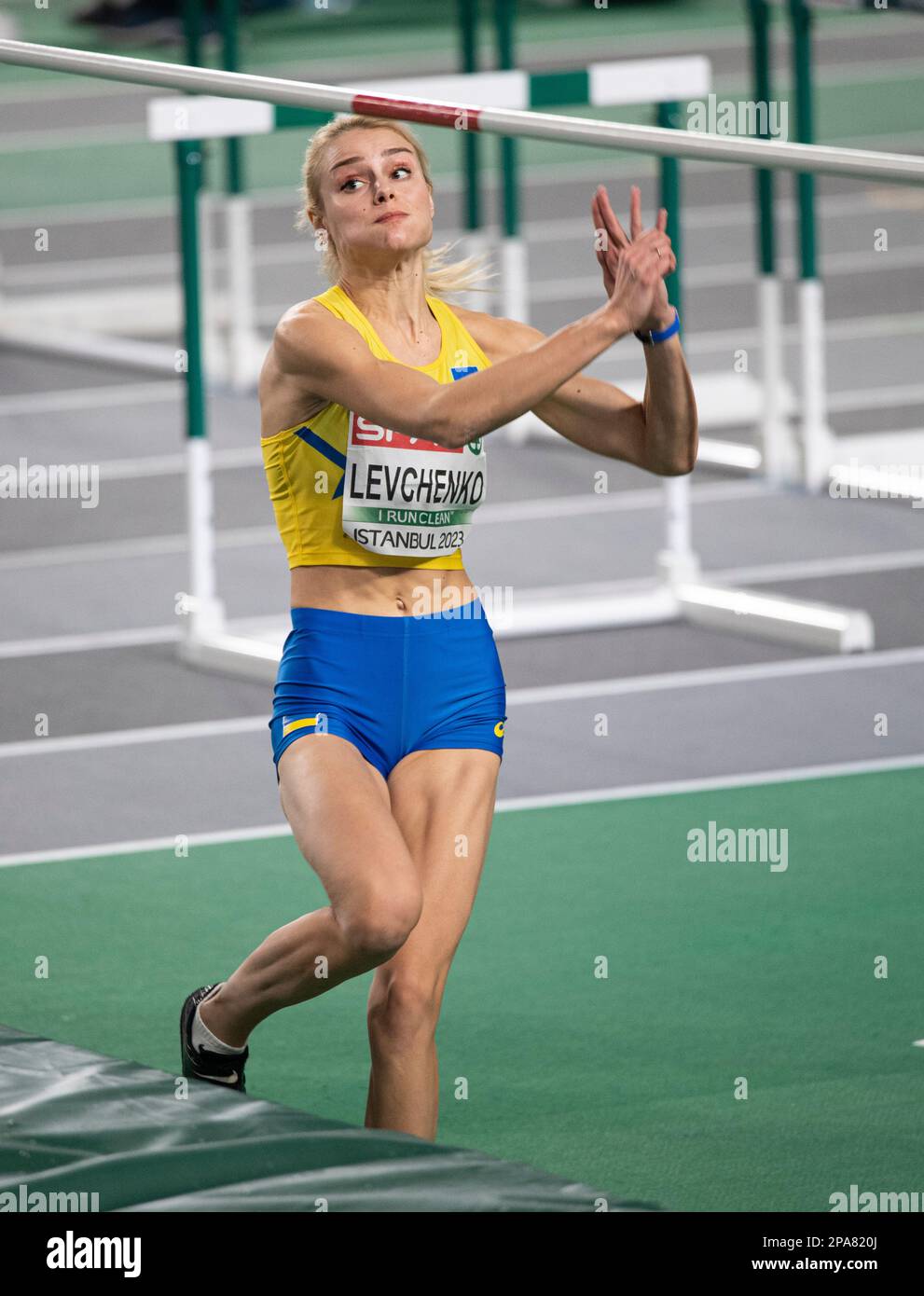 Yuliia Levchenko of Ukraine competing in the women’s high jump final at ...