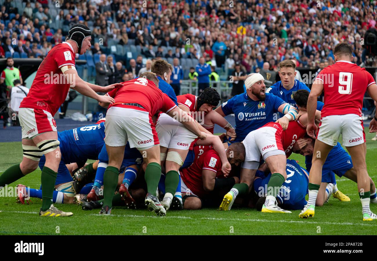 Rome, Italy 11th Mar, 2023. Scrum with multiple players action during ...