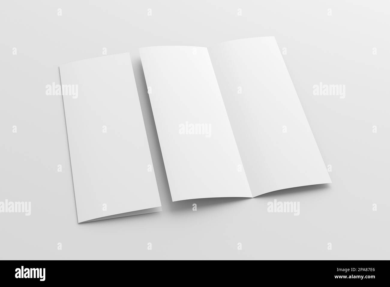 Half-folded flyer A4 vertical booklet mock up on white background. Side ...