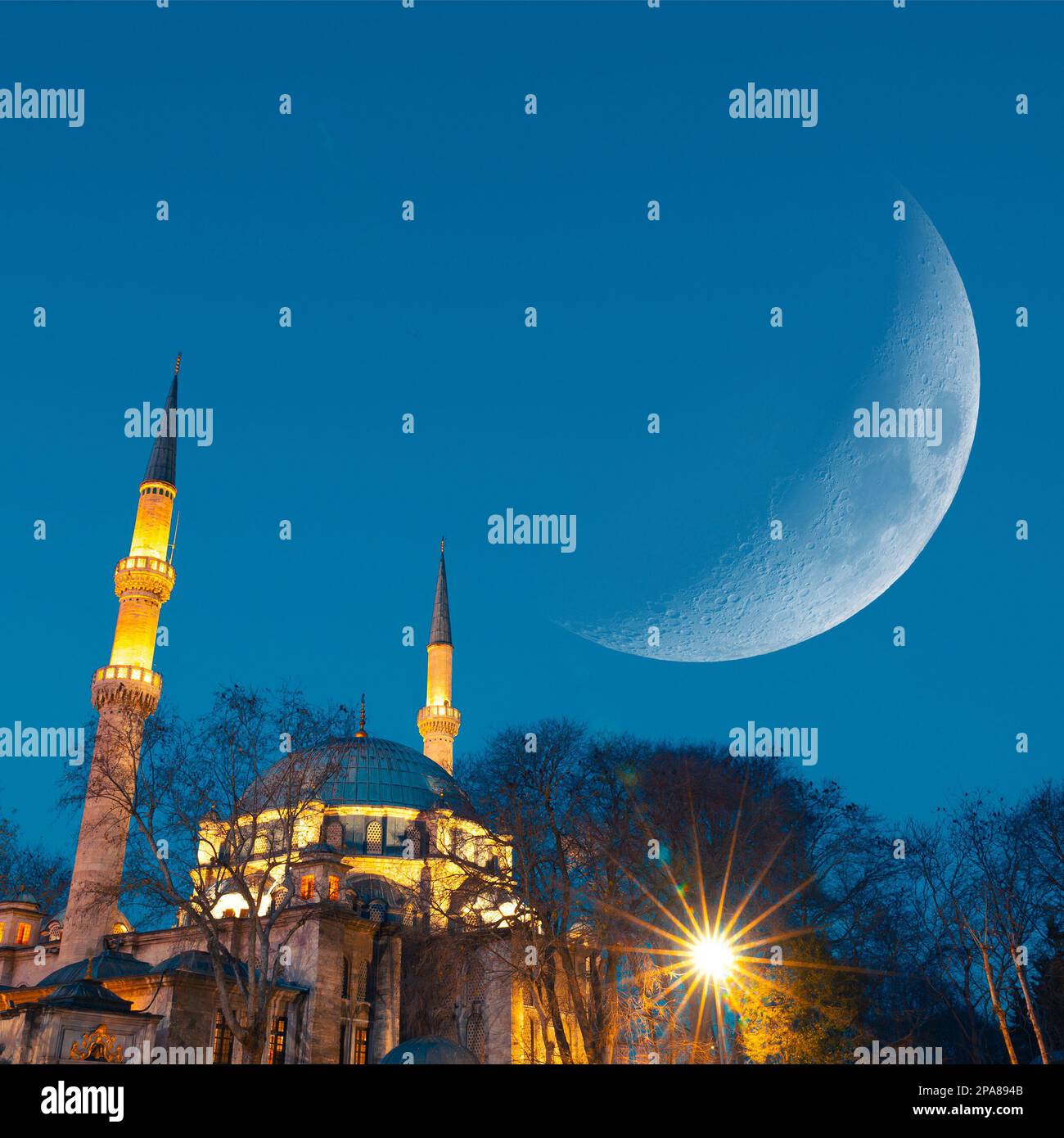 Eyup Sultan Mosque and crescent moon. Ramadan square format photo ...