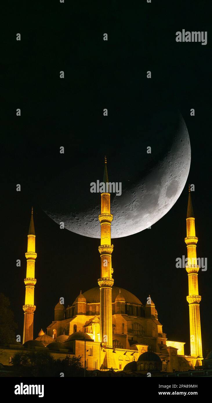 Selimiye Mosque and crescent moon. Islamic or ramadan background photo ...