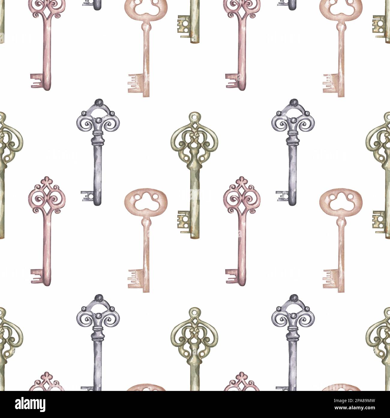 Watercolor retro style seamless pattern with keys clipart. vintage key ...