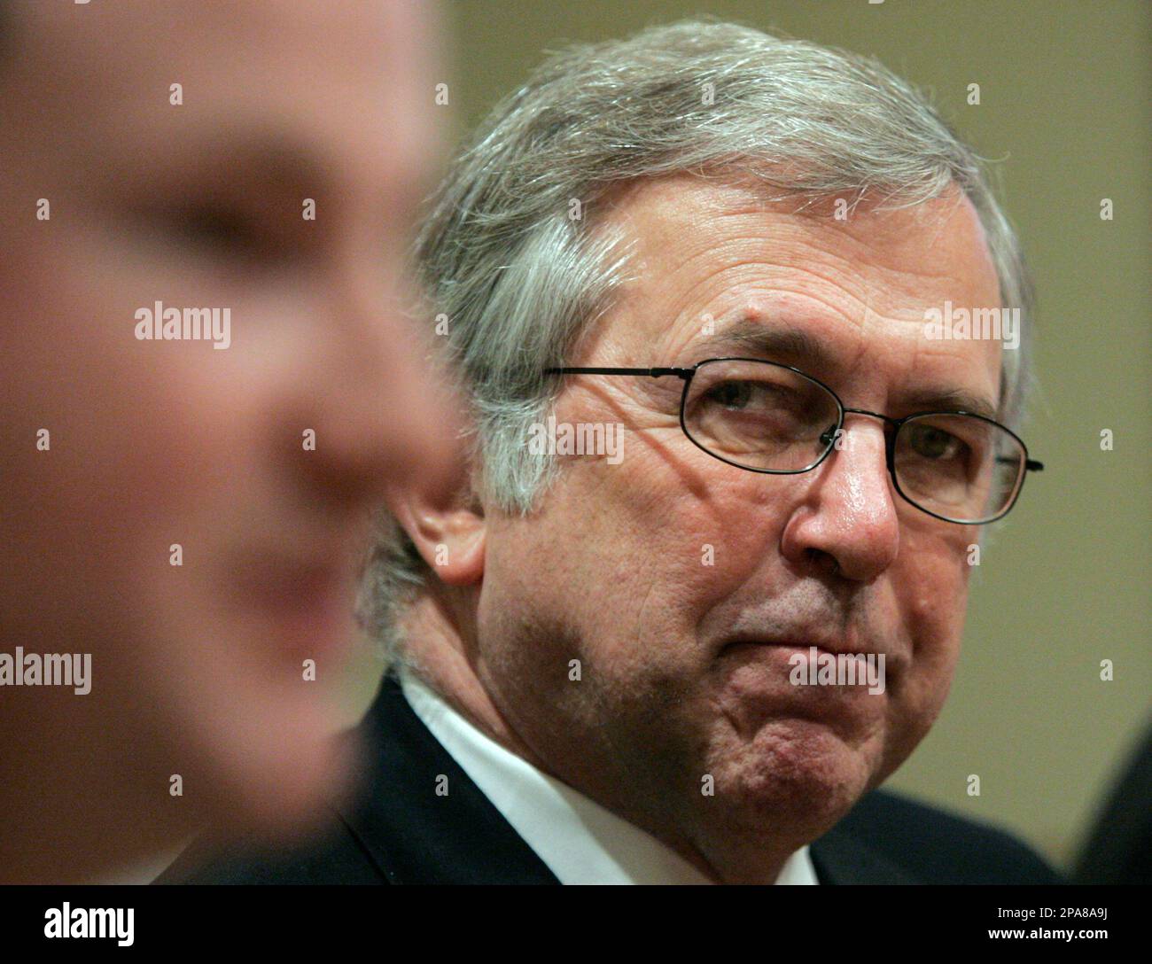 Virginia Tech president Charles Steger listens during a luncheon with ...