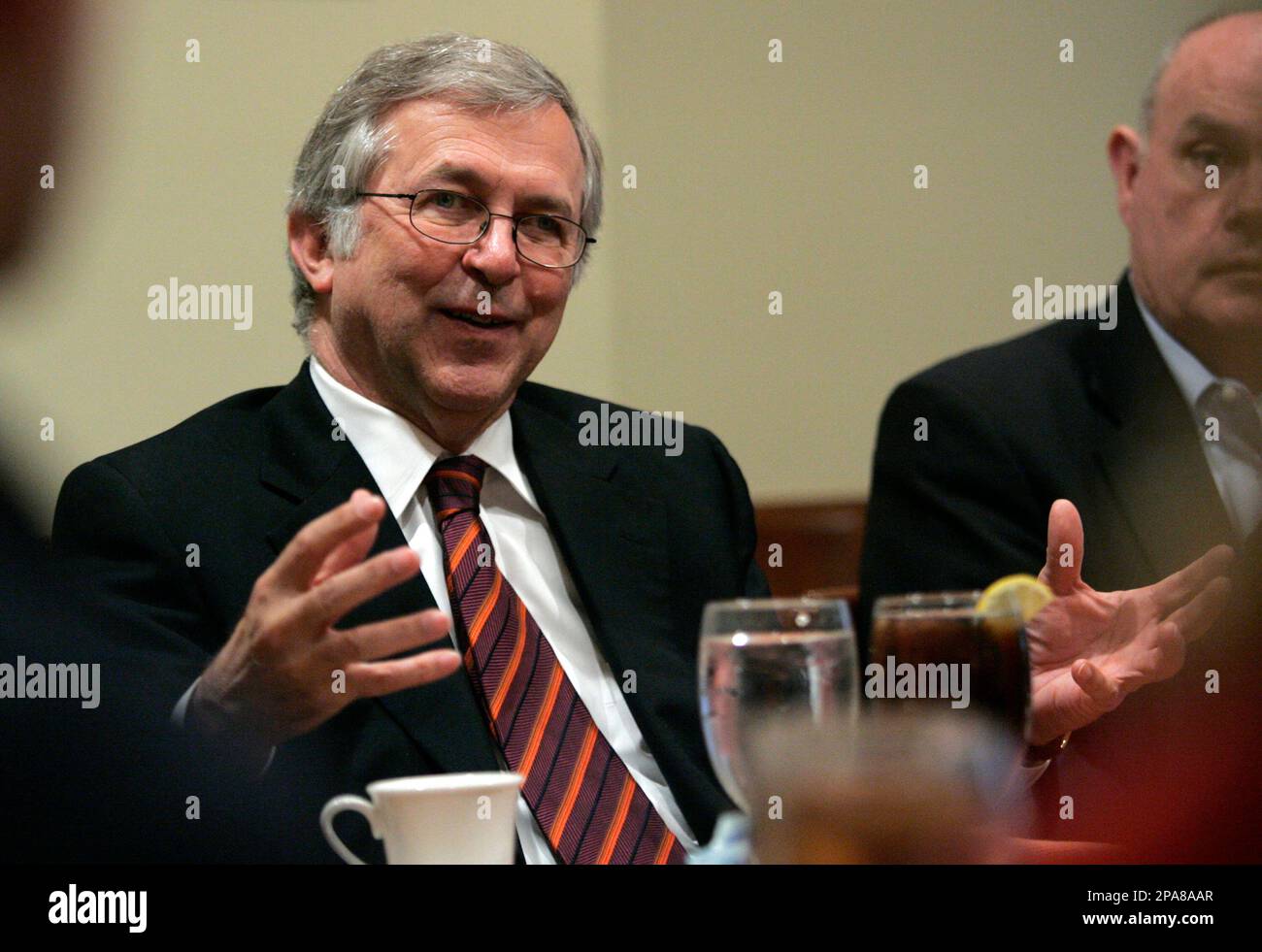 Virginia Tech president Charles Steger gestures during a luncheon with ...