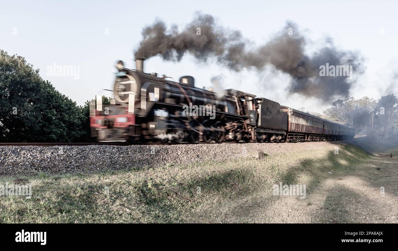 Steam Train locomotive with tourism coaches closeup motion speed blur ...