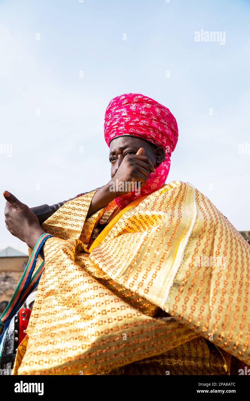 The royal trumpeter blows his horn during the annual durbar festival in ...
