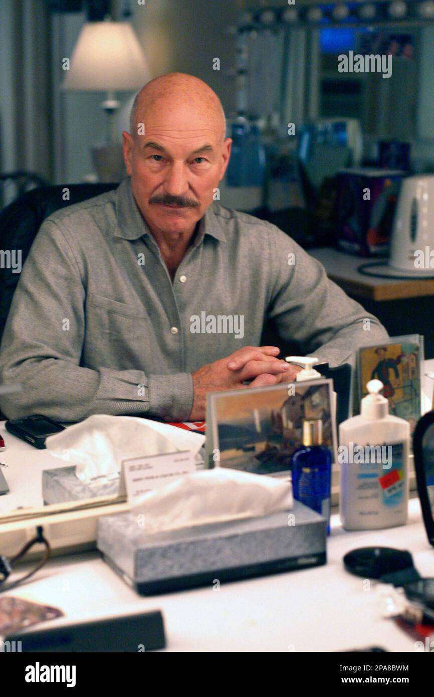 Actor Patrick Stewart poses in his dressing room at the Lyceum Theater ...