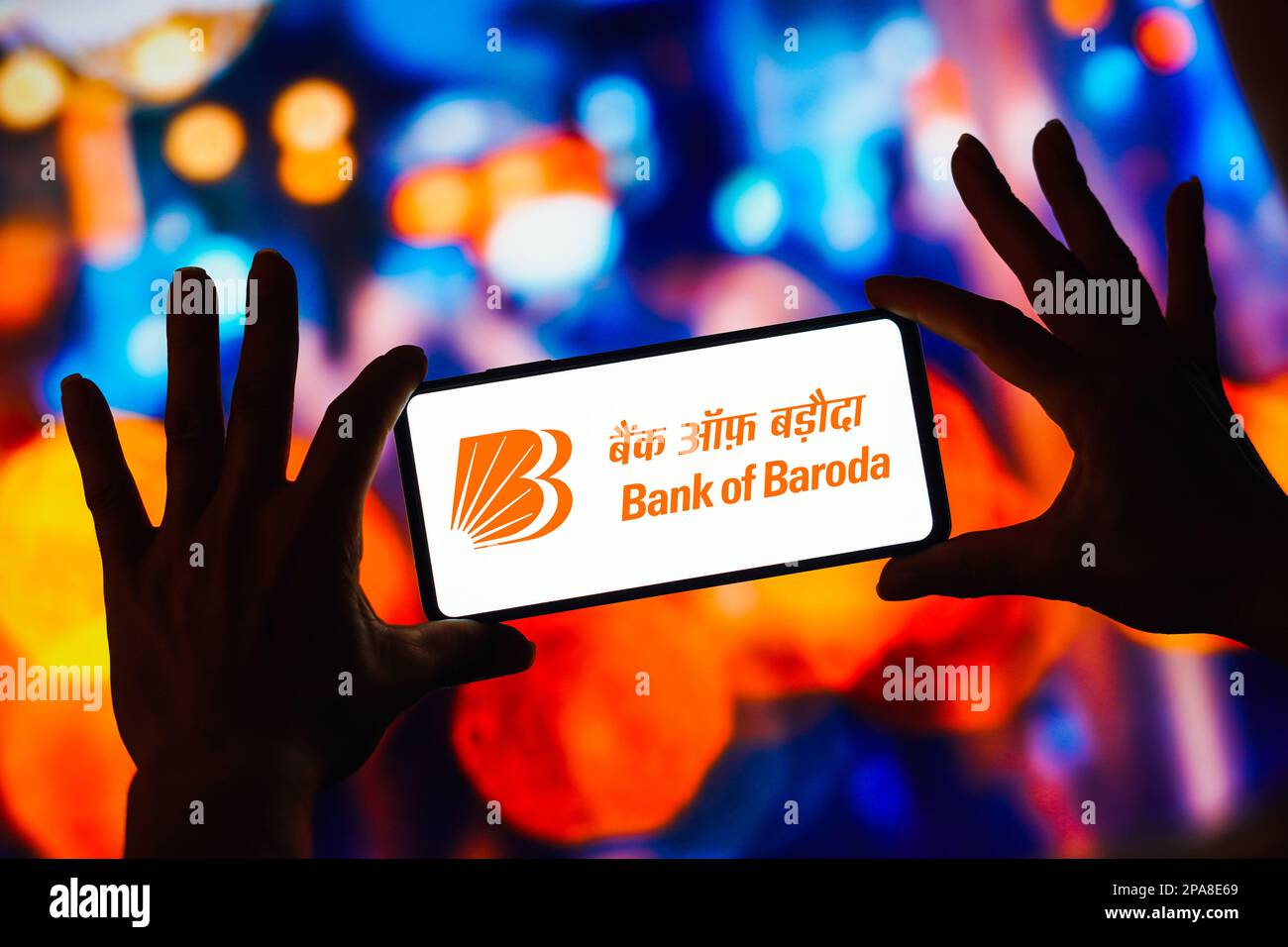 In this photo illustration, the Bank of Baroda logo seen displayed on a ...