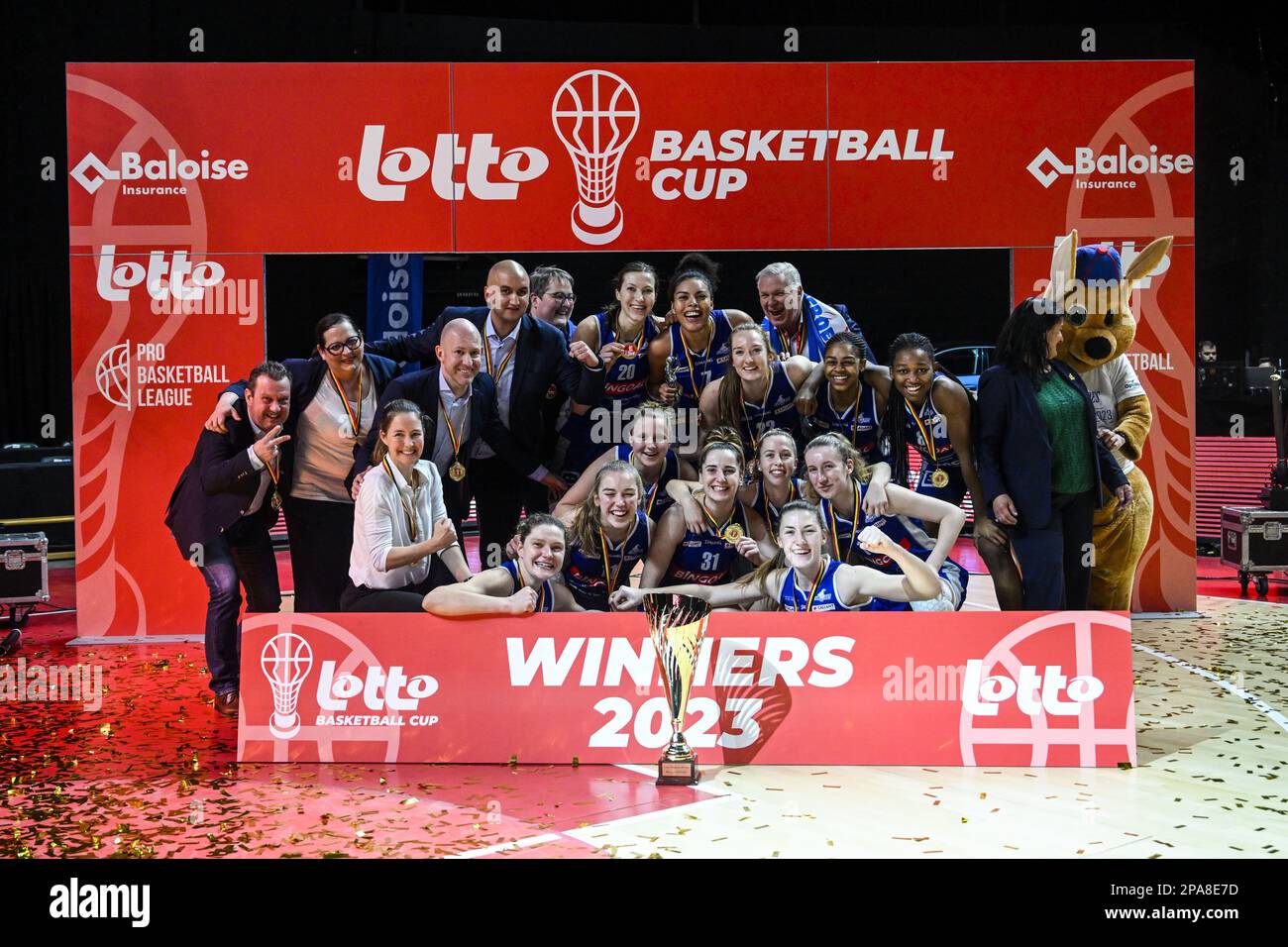 Kangoeroes Basket Mechelen players celebrate after winning a basketball match between Castors ...