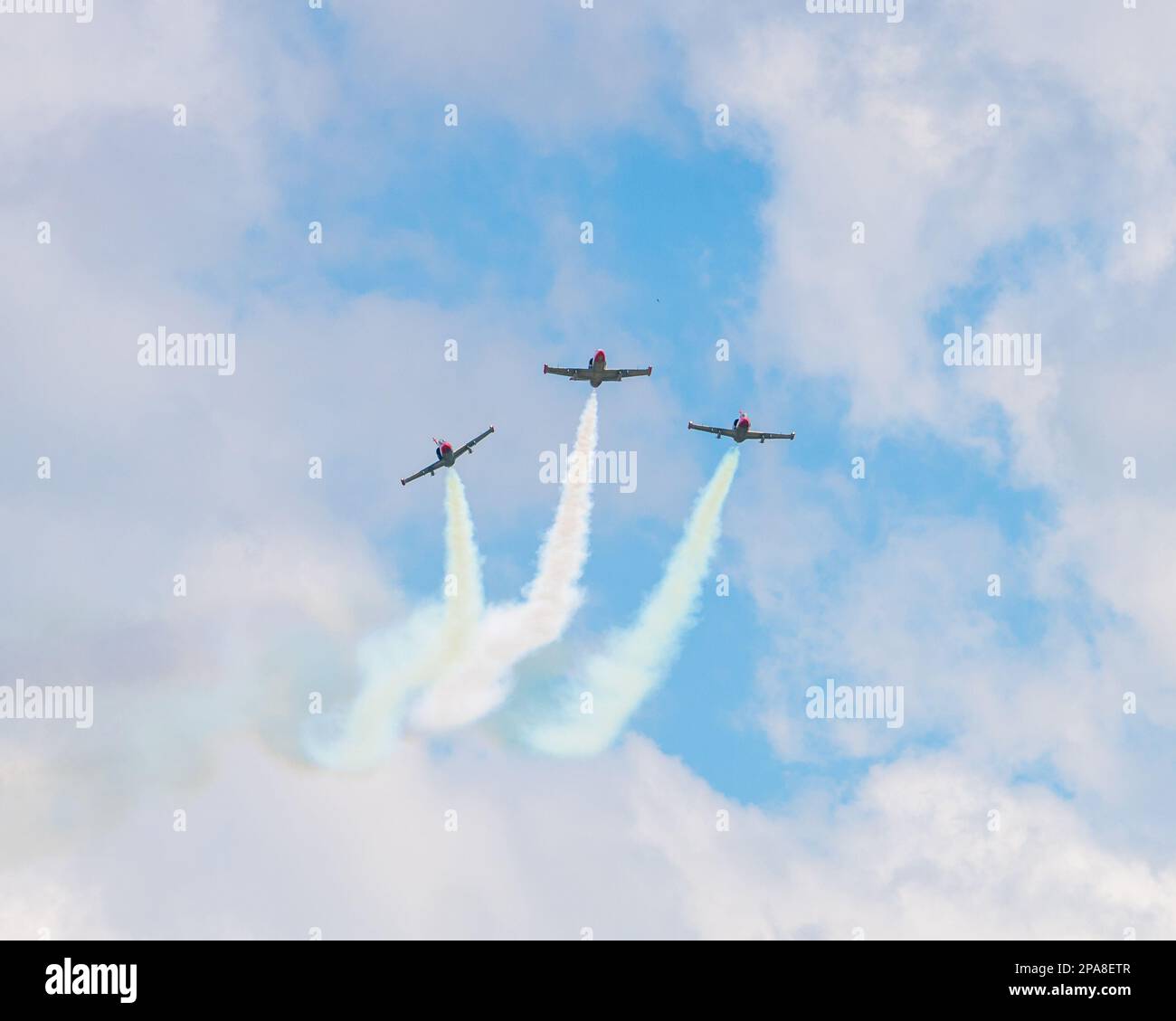 Nigeria military jets fly across the sky displaying the Nigeria flag ...