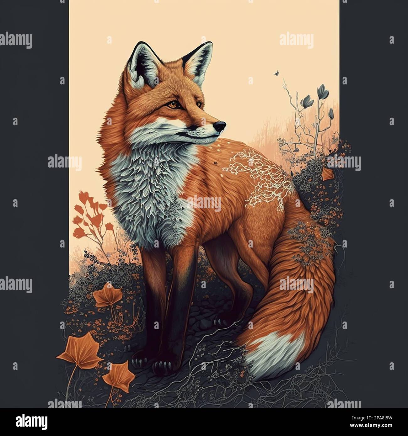 Illustration with cute, realistic fox surrounded by autumn plants, 2D ...