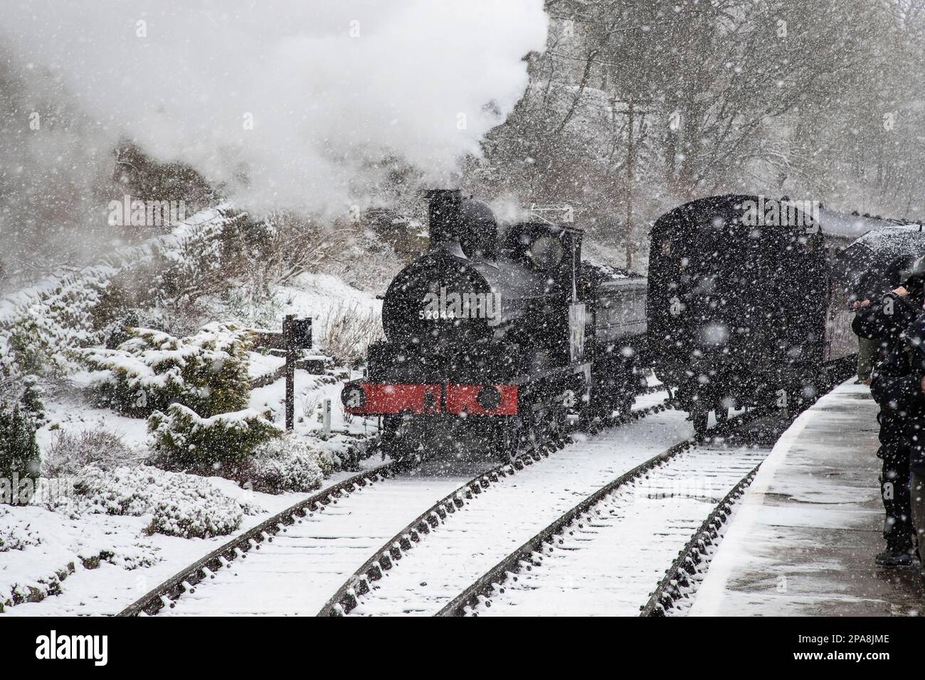 Steam train 52044 Class 25 Ironclad passes railway carriages in a snow ...