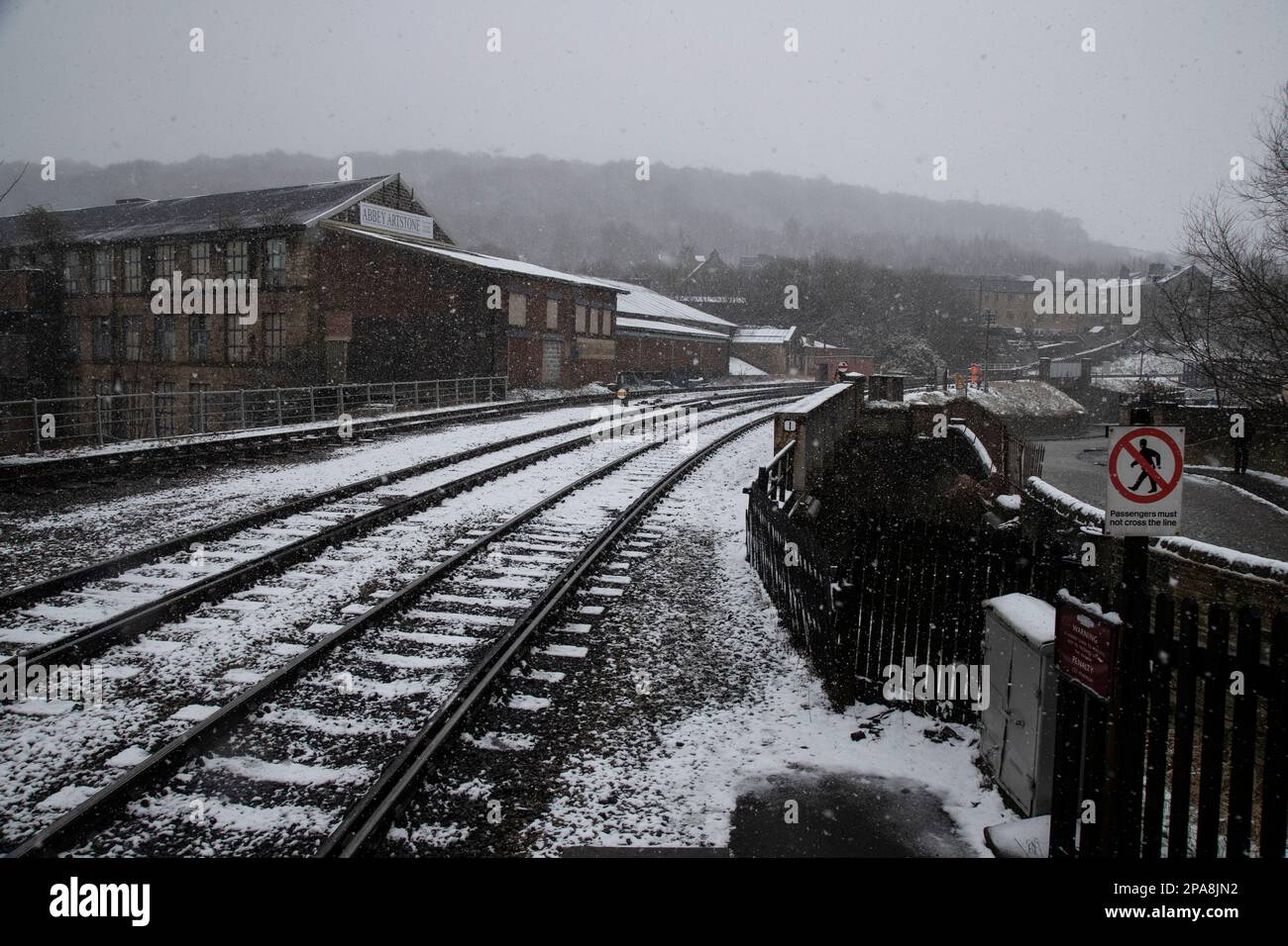 Snow covered rail tracks on the route from Keighley Station to the ...