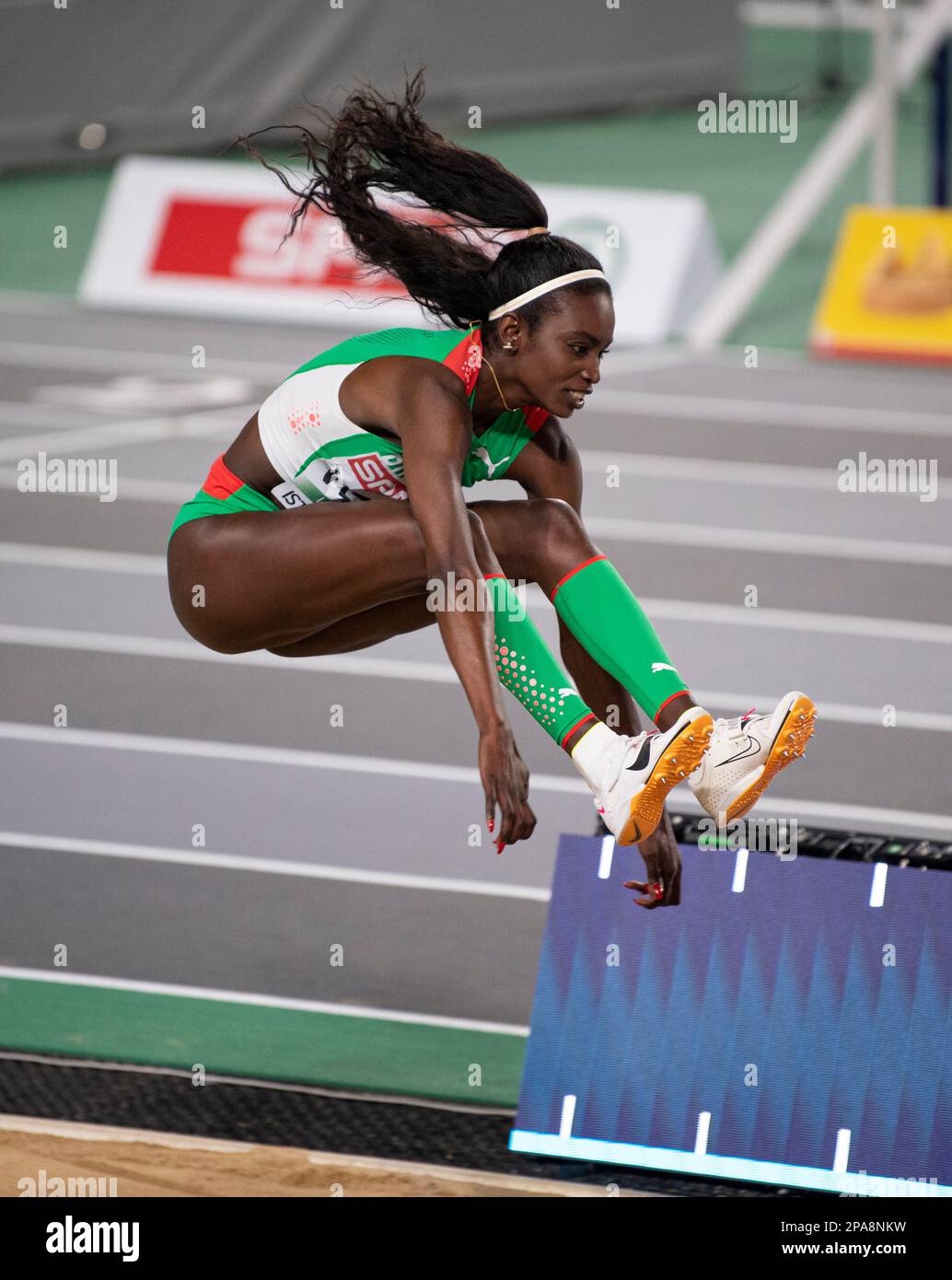 Evelise Veiga of Portugal competing in the women’s long jump final at ...