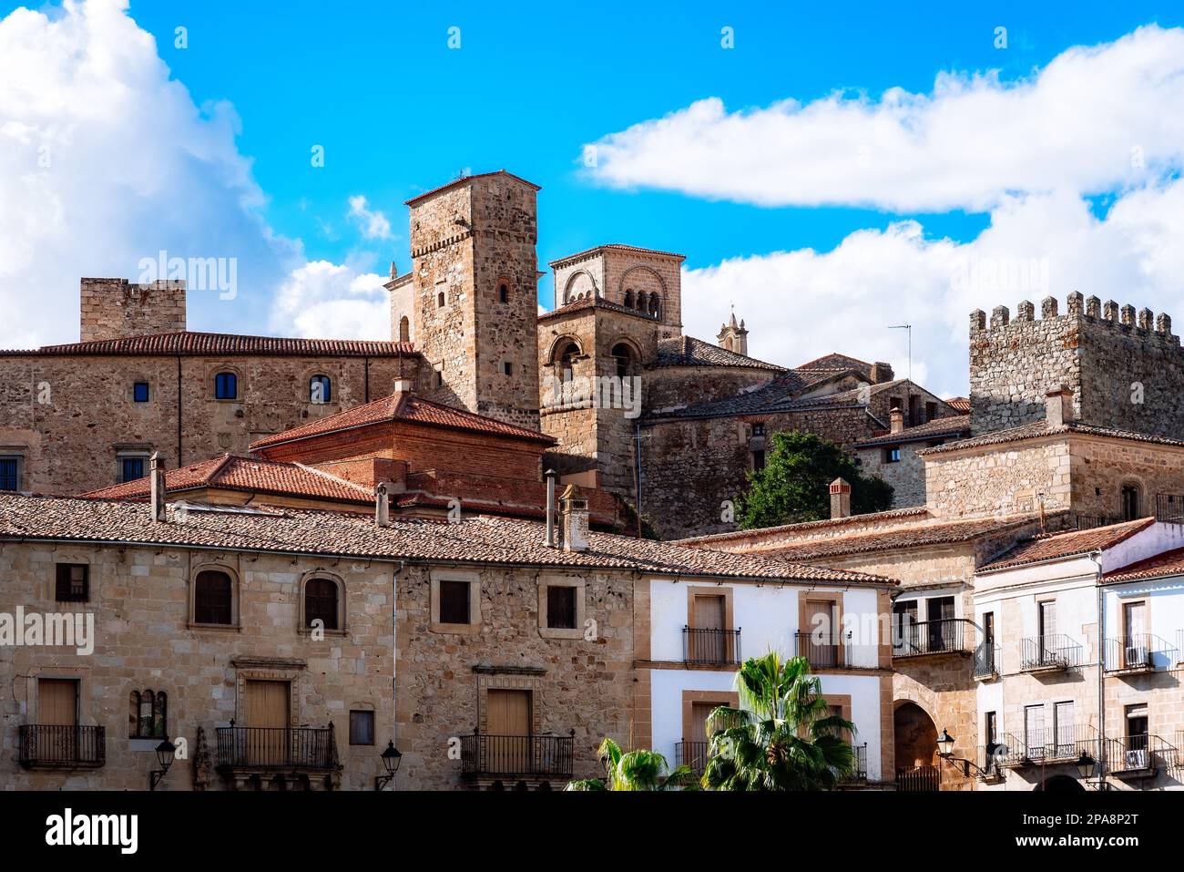 View of the medieval town of Trujillo. The Plaza Mayor of Trujillo is a ...