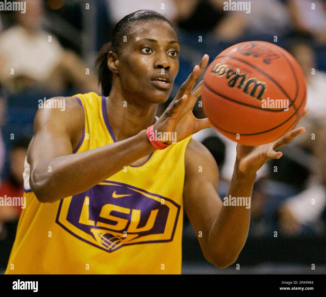 LSU's Sylvia Fowles catches a pass during practice for the NCAA Women's ...