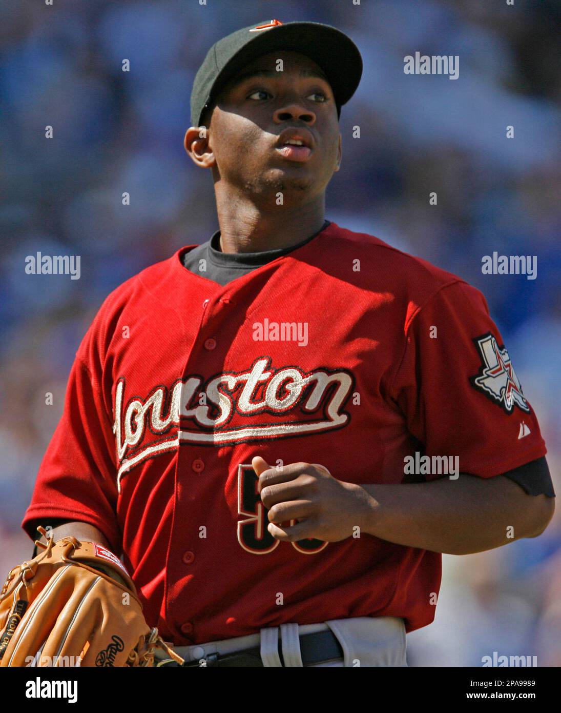 Houston Astros pitcher Wesley Wright looks up after he was pulled out ...