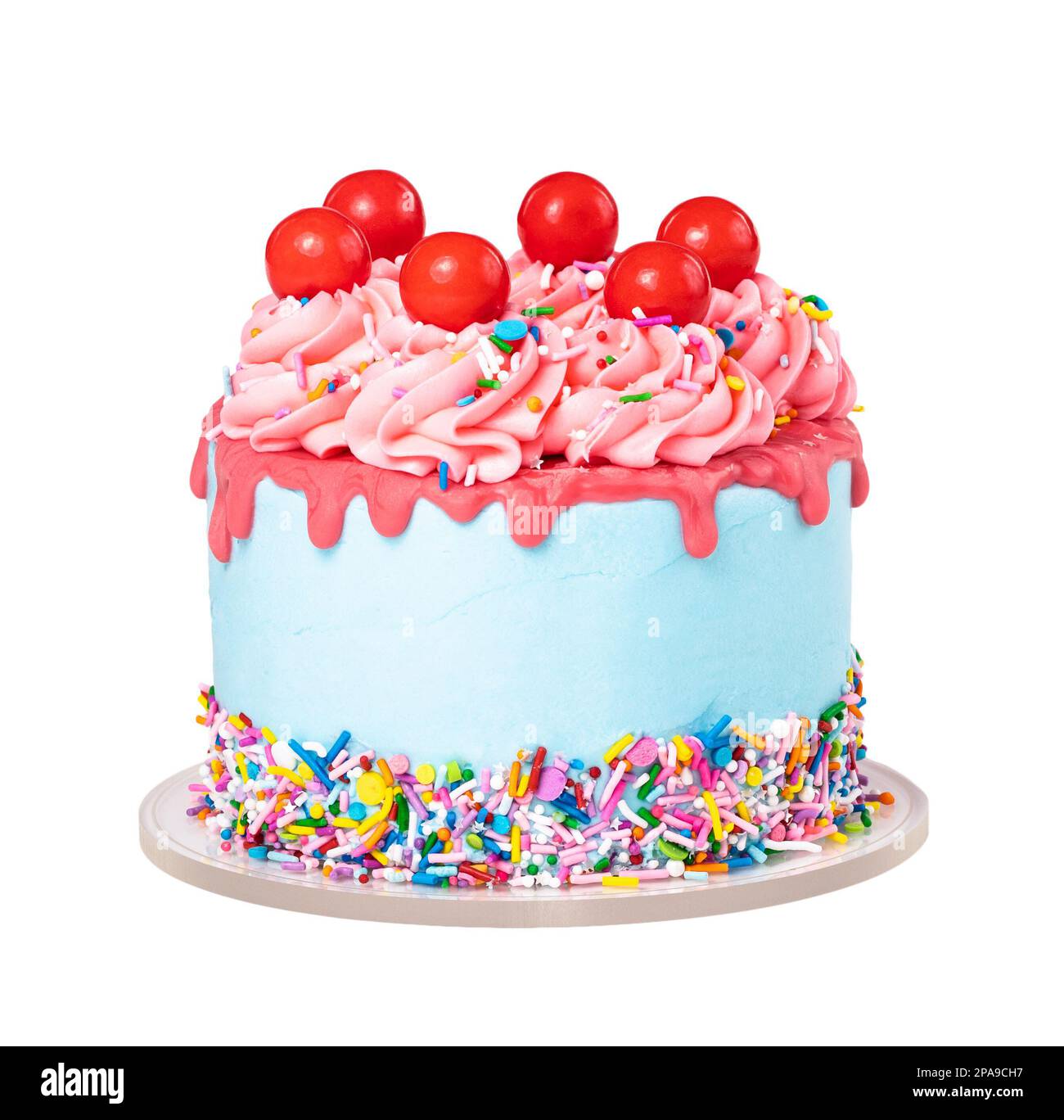 Birthday Drip Cake with red ganache, colorful sprinkles and cherry ...
